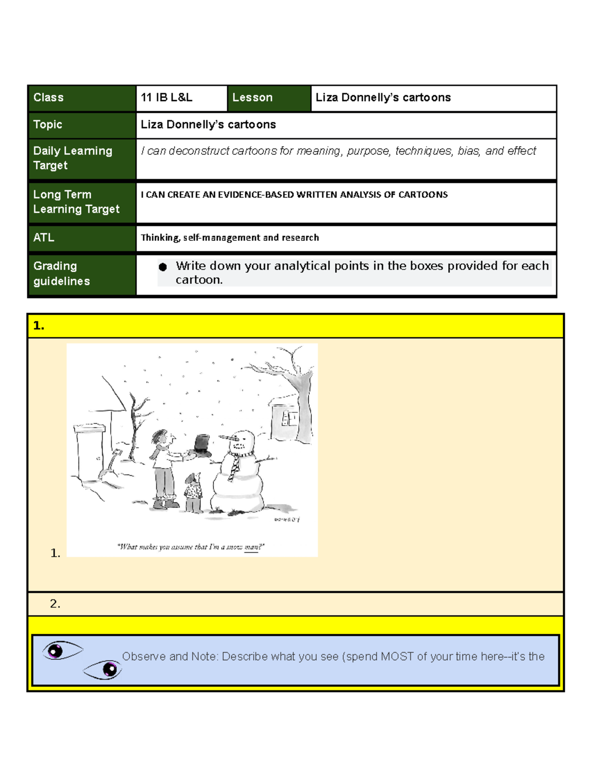 Class 11 IB L&L Lesson: Analyzing Liza Donnelly’s Cartoons - Studocu
