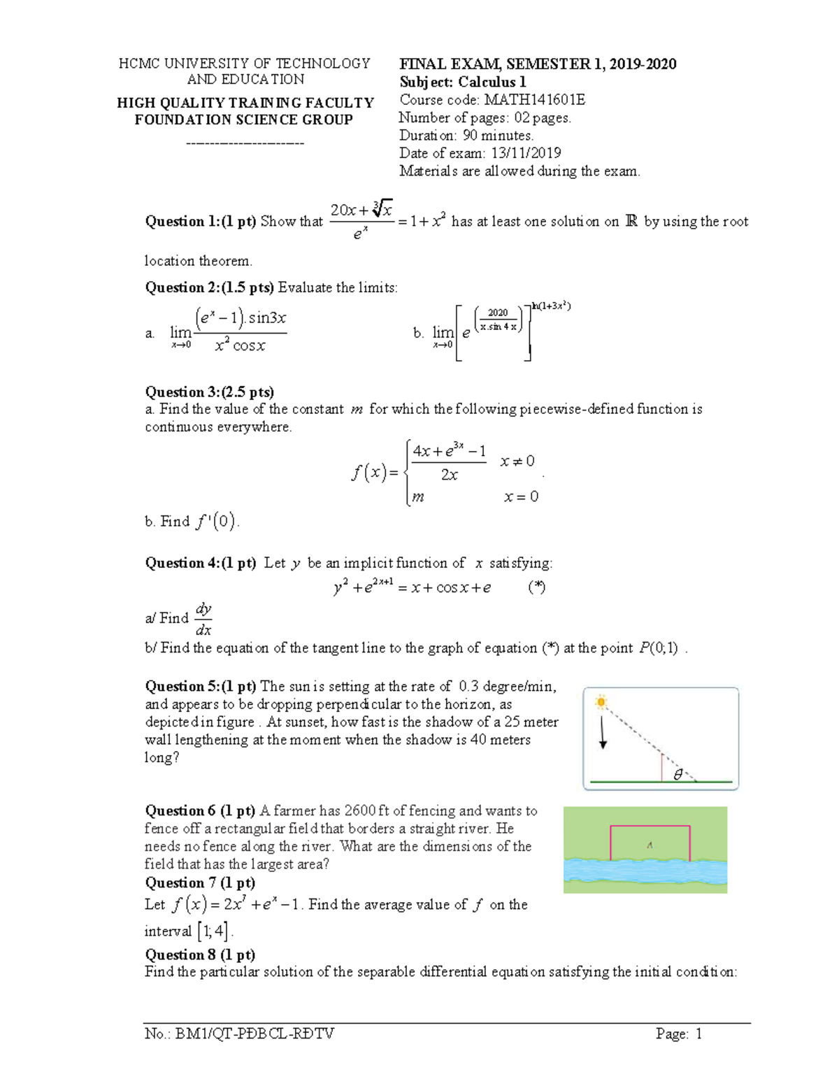 Calculus 1 Final Exam MATH141601E - Semester 1 Questions - Studocu