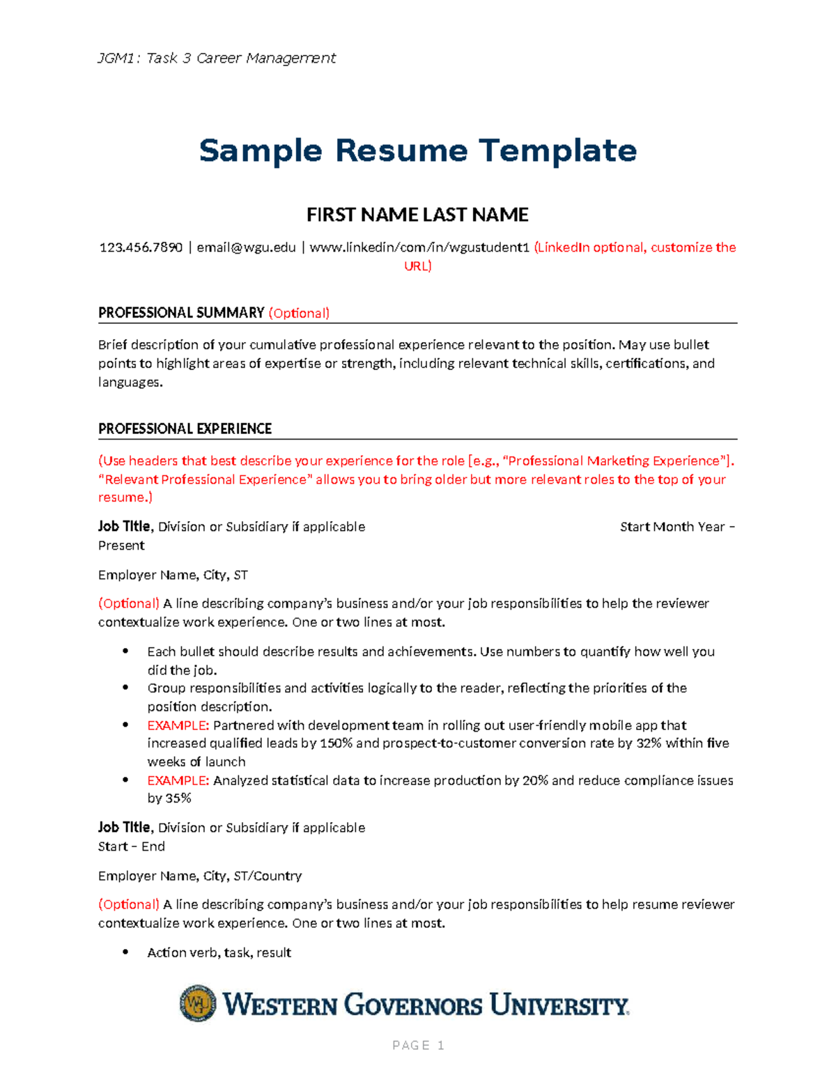 JGM1: Task 3 Career Management Sample Resume Template - Studocu