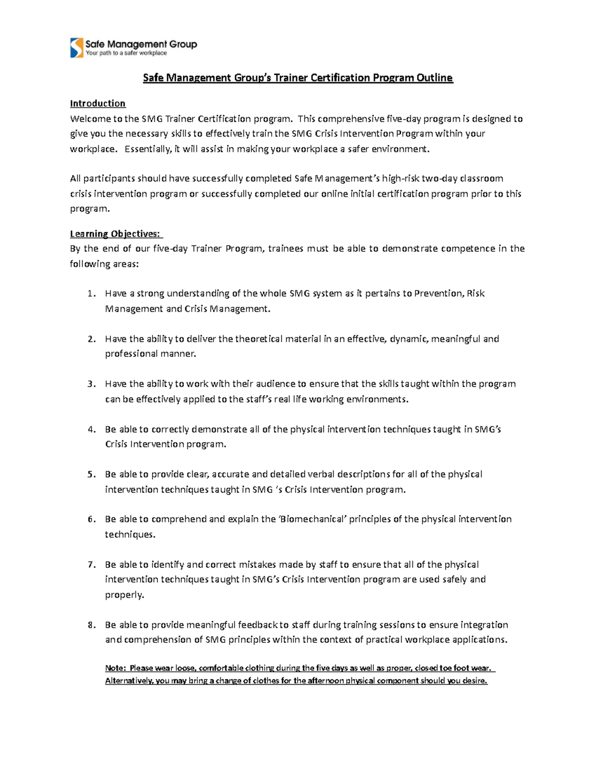 SMG Trainer Certification Program Outline: Five-Day Agenda and Skills ...