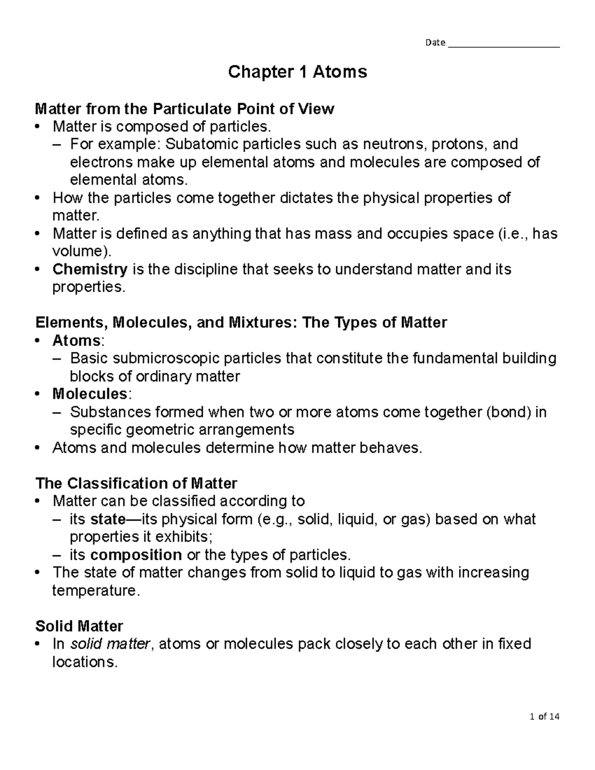 Lecture 1 Notes - Chapter 1 Atoms Matter from the Particulate Point of ...