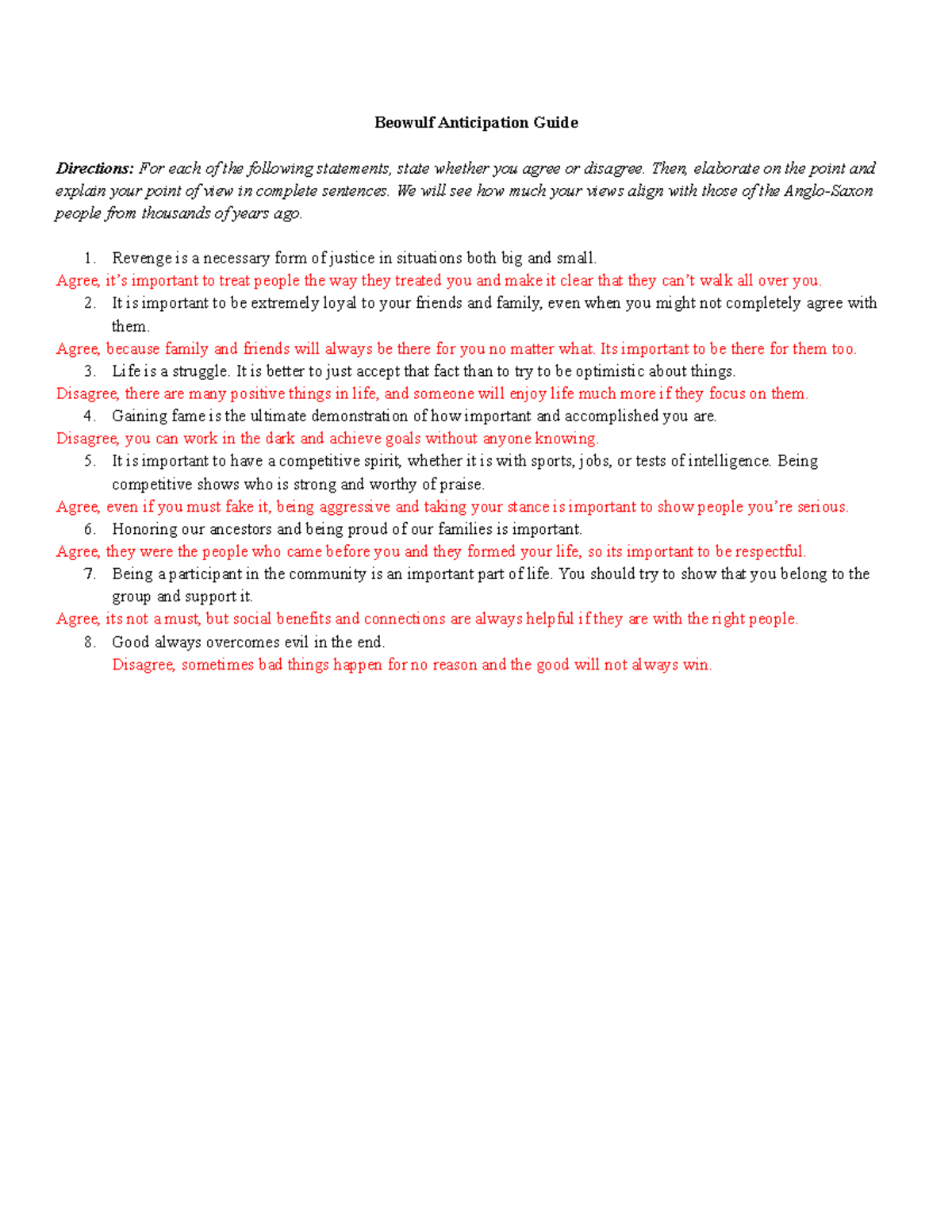 Beowulf 101: Anticipation Guide for Class Discussion and Reflection ...