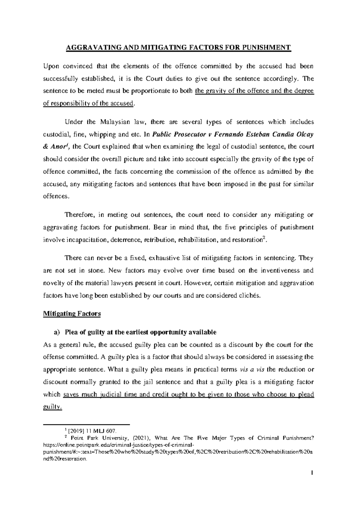 [Essay] Aggravating & Mitigating Factors for Punishment 1 - Studocu
