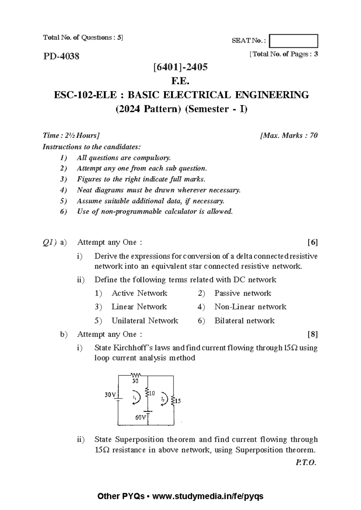 BEE 2024 Pattern Semester I Final Exam Question Paper (May-Jun 2025 ...