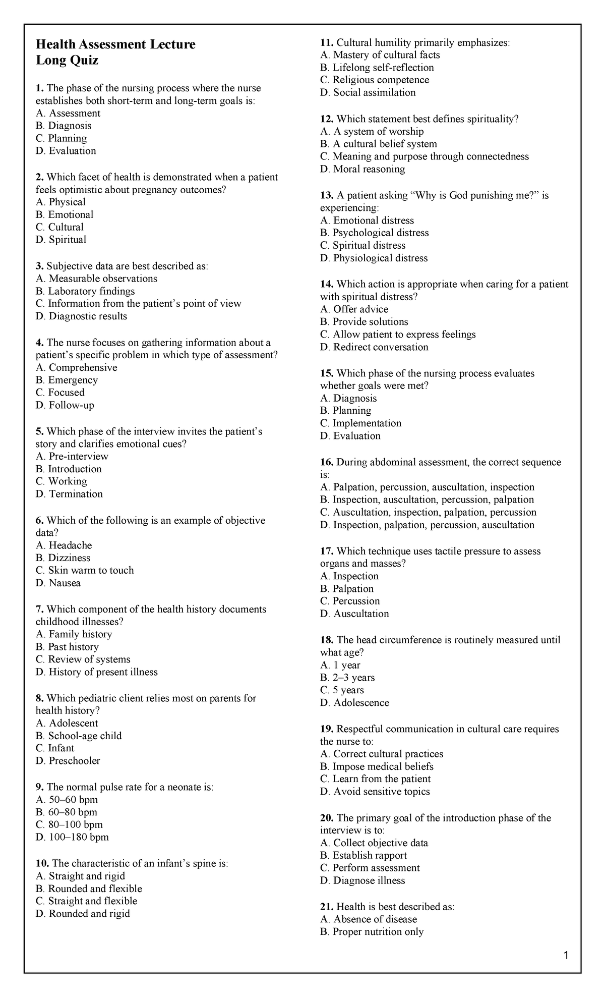 Health Assessment Lecture Quiz 1: Key Concepts and Answers - Studocu
