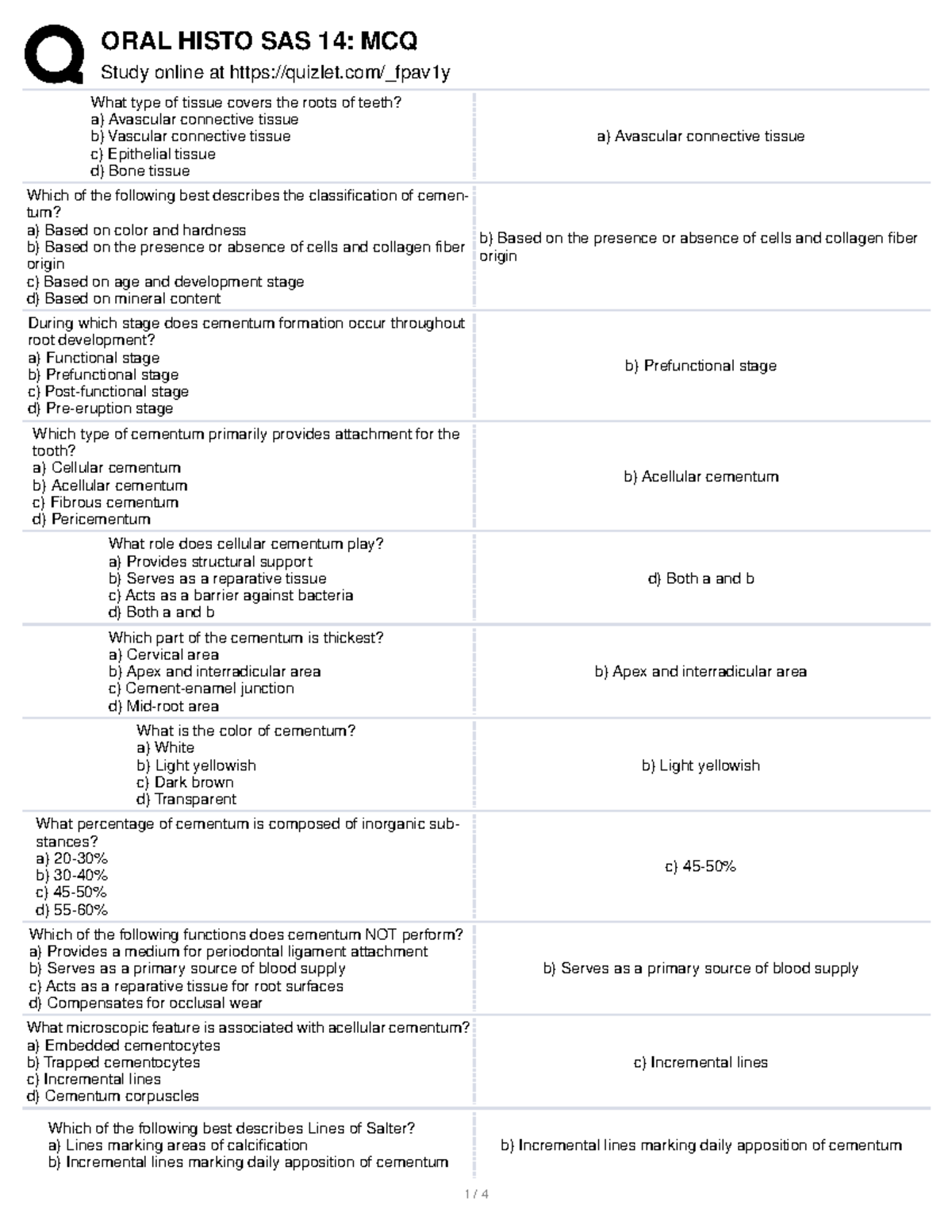 ORAL HISTO SAS 14: MCQ Study Guide on Cementum and Tooth Structure - Studocu
