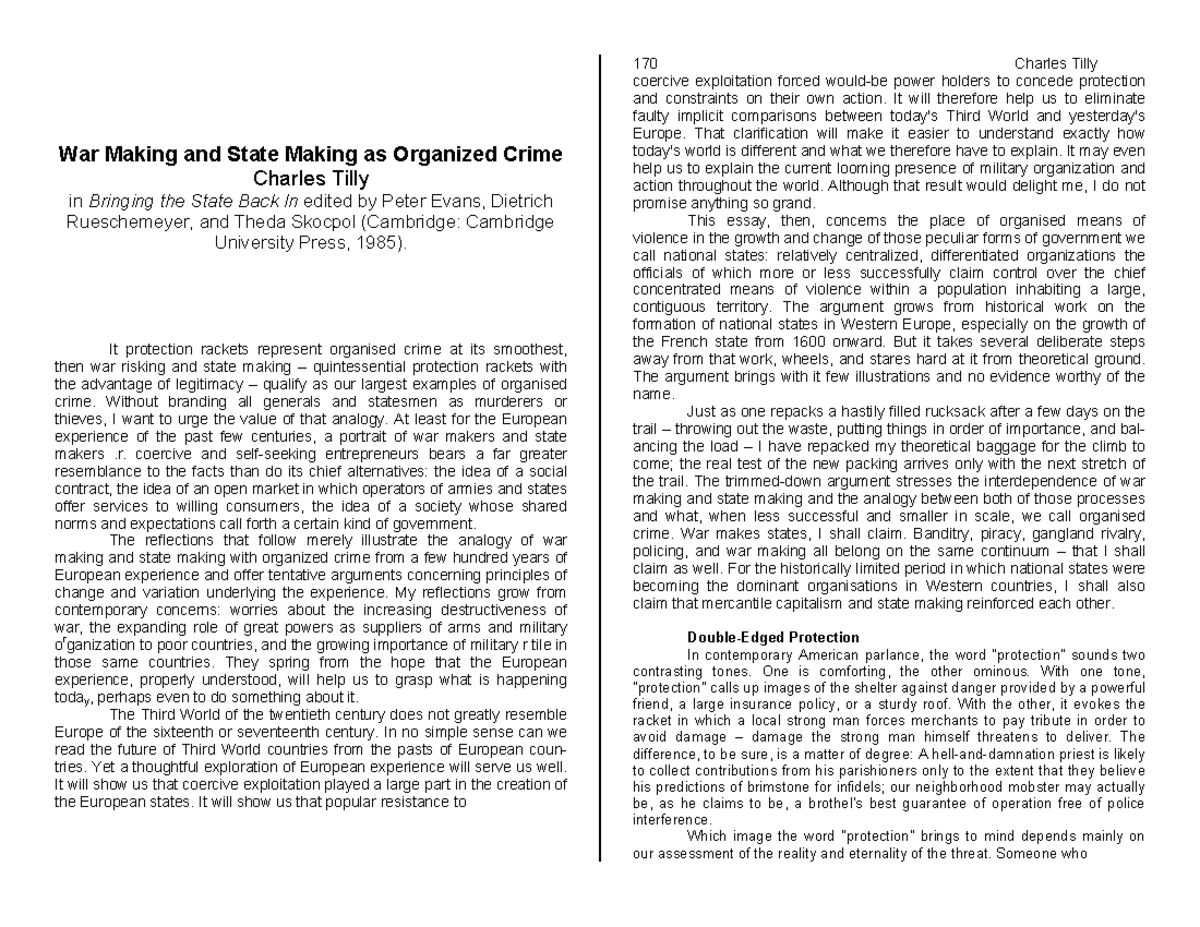 War Making and State Making as Organized Crime: Insights from Tilly ...