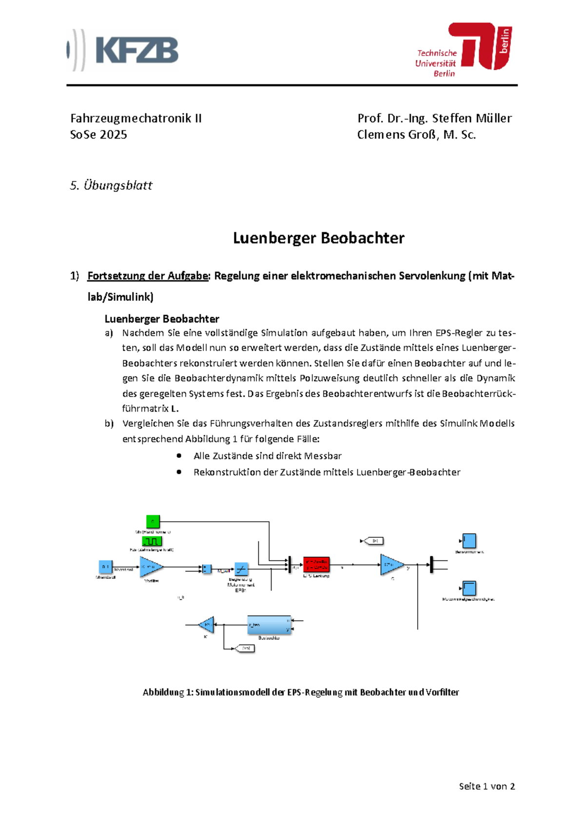 Fahrzeugmechatronik II SoSe 2025: 5. Übungsblatt Luenberger Beobachter ...