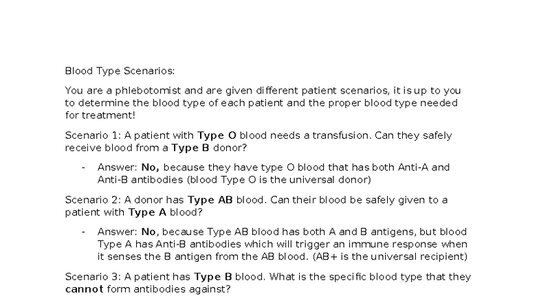 Blood Type Scenarios: Understanding Transfusion Compatibility - Studocu