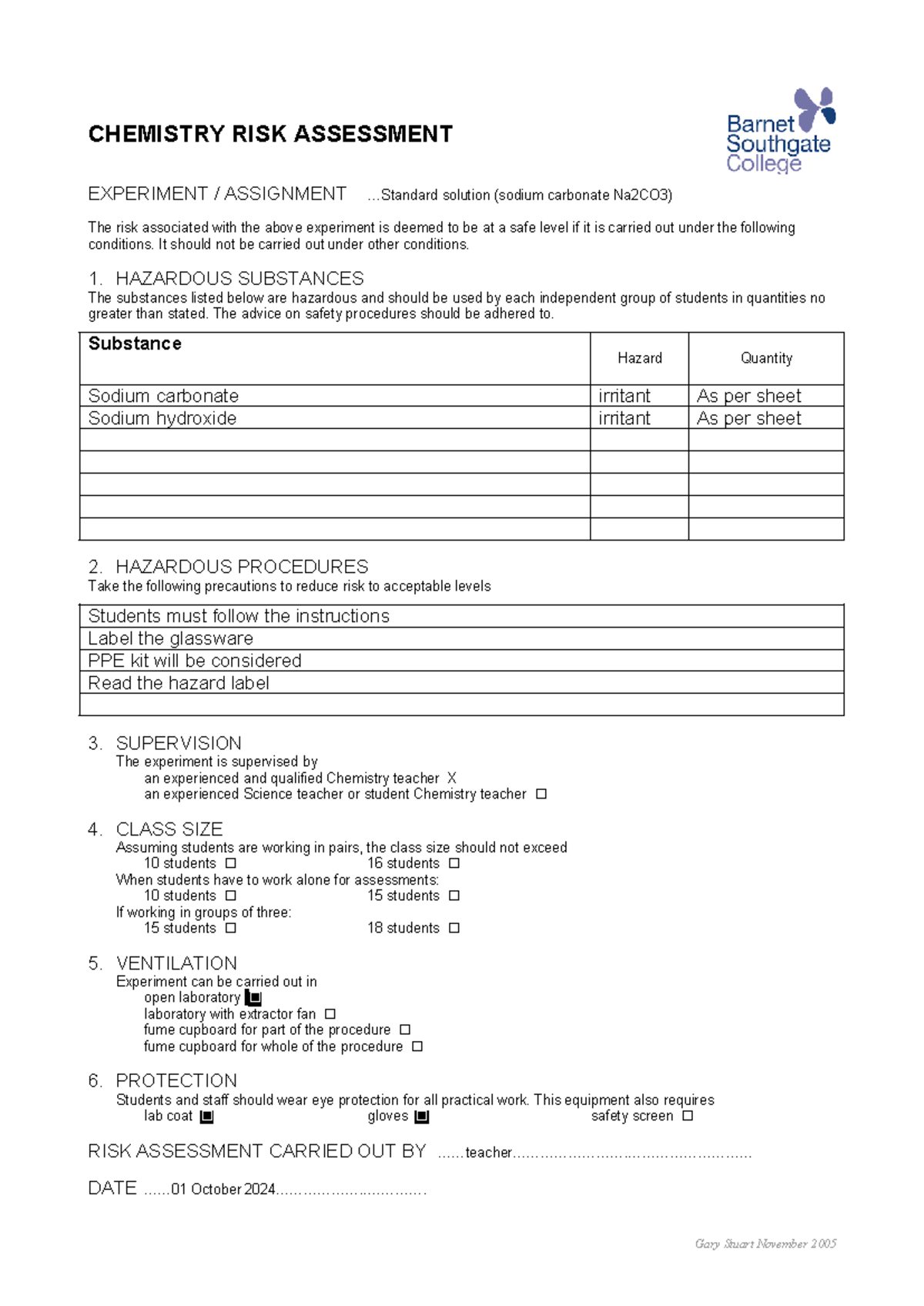 CHEM 101 Risk Assessment for Sodium Carbonate Experiment - Studocu
