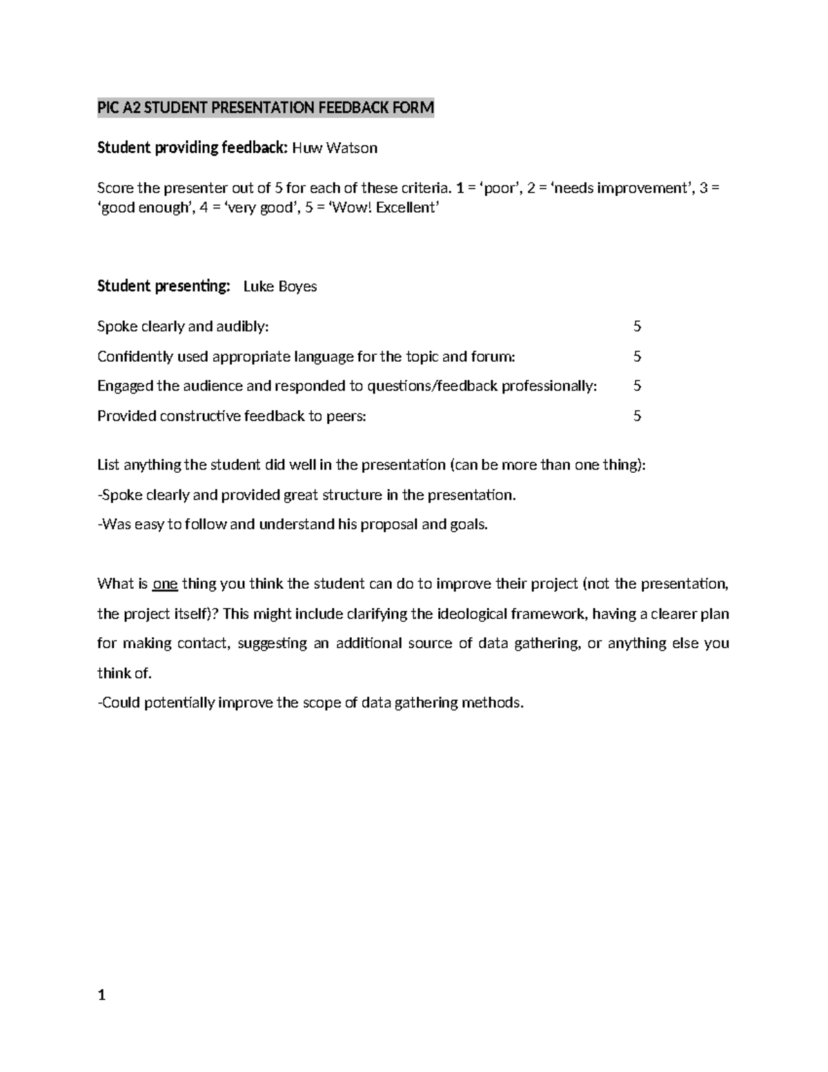 PIC A2 Student Presentation Feedback FORM - PIC A2 STUDENT PRESENTATION ...