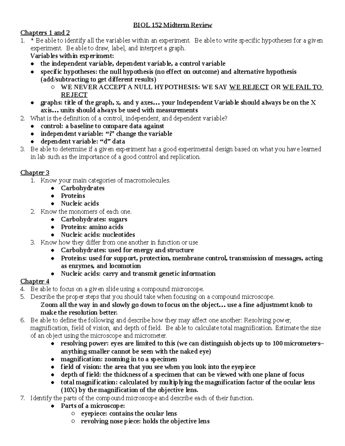 BIOL 152 Midterm Review: Key Concepts from Chapters 1-5 - Studocu