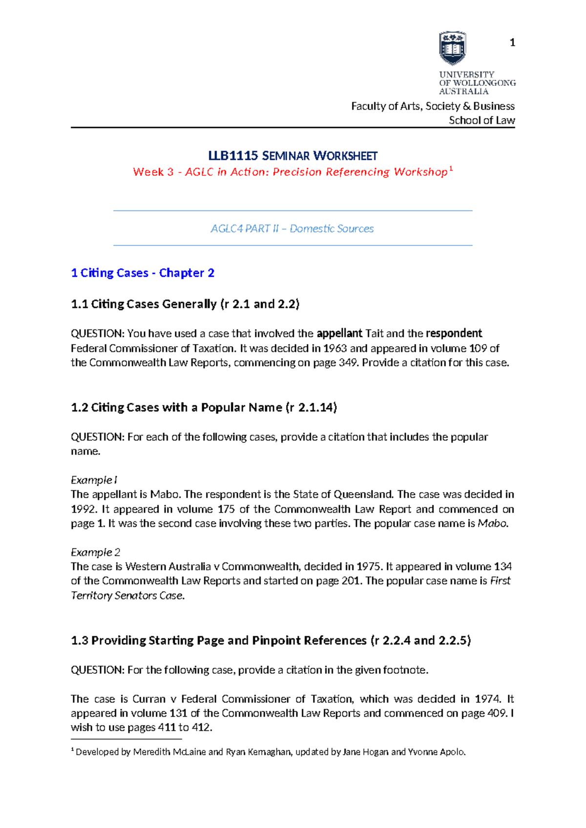 AGLC4 Seminar Worksheet: Citing Cases and Secondary Sources - Studocu