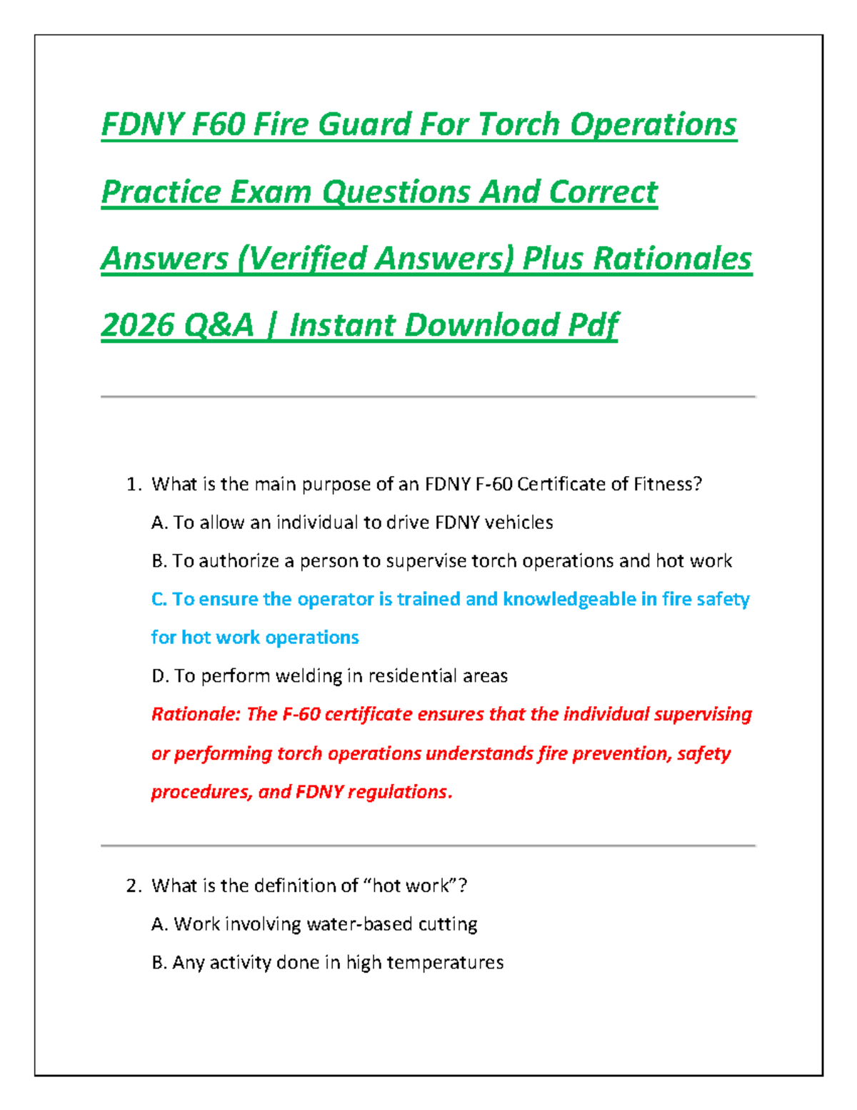 FDNY F60 Fire Guard Torch Operations Practice Exam Q&A 2026 - Studocu
