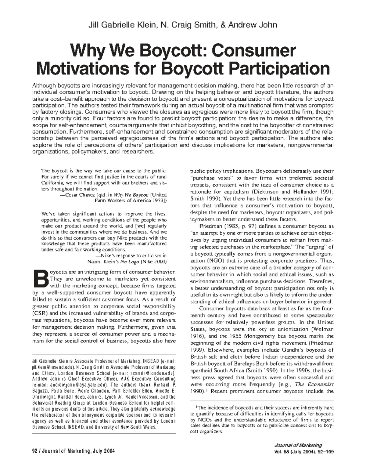 Consumer Boycott Participation: Motivations and Implications (Klein ...