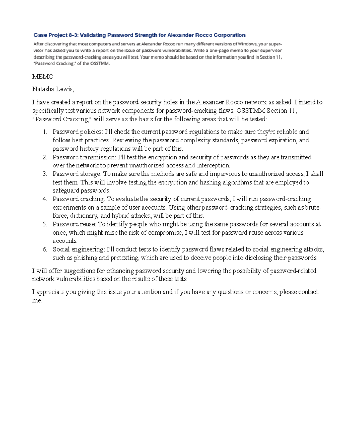 Module 8 Case 8-3 - Case Project - MEMO Natasha Lewis, I have created a ...