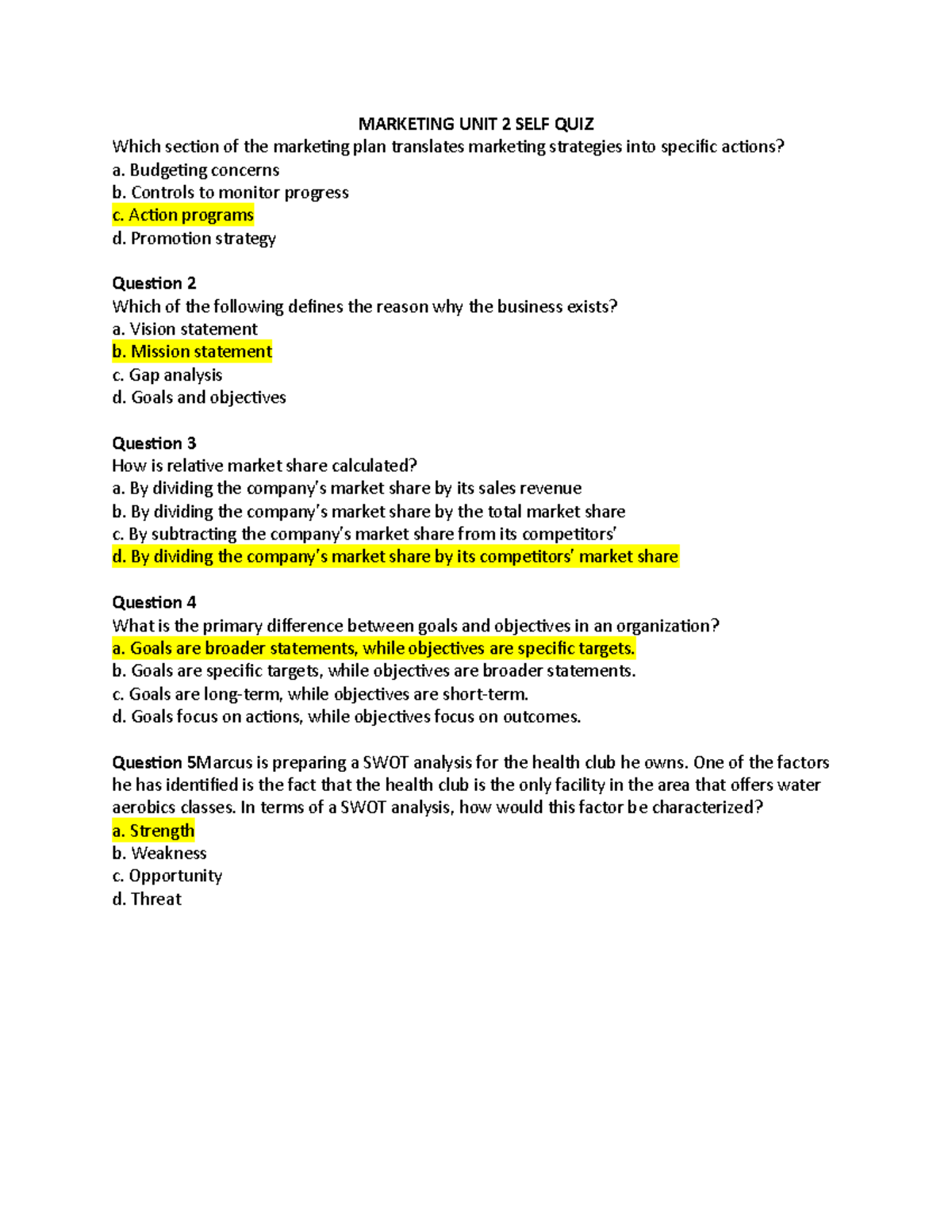 Marketing UNIT 2 Self Quiz: Key Concepts and Strategies - Studocu