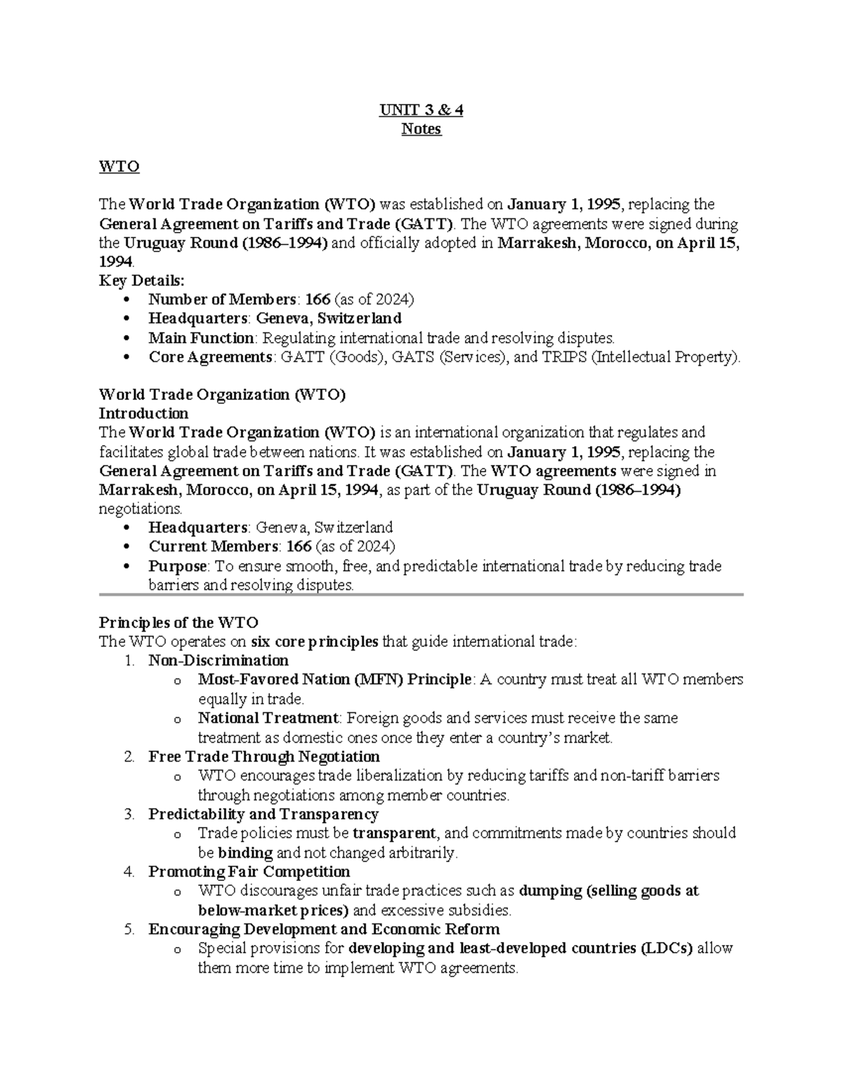 Unit 3-4 Notes: Understanding WTO and Its Impact on Global Trade - Studocu