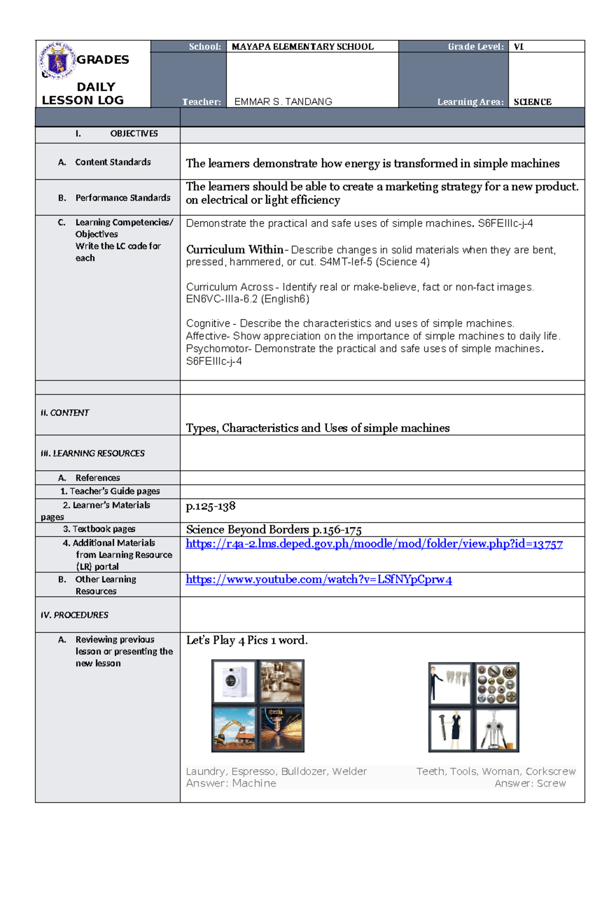 Final Lesson Log for Science Grade VI (CO dlp) - Studocu