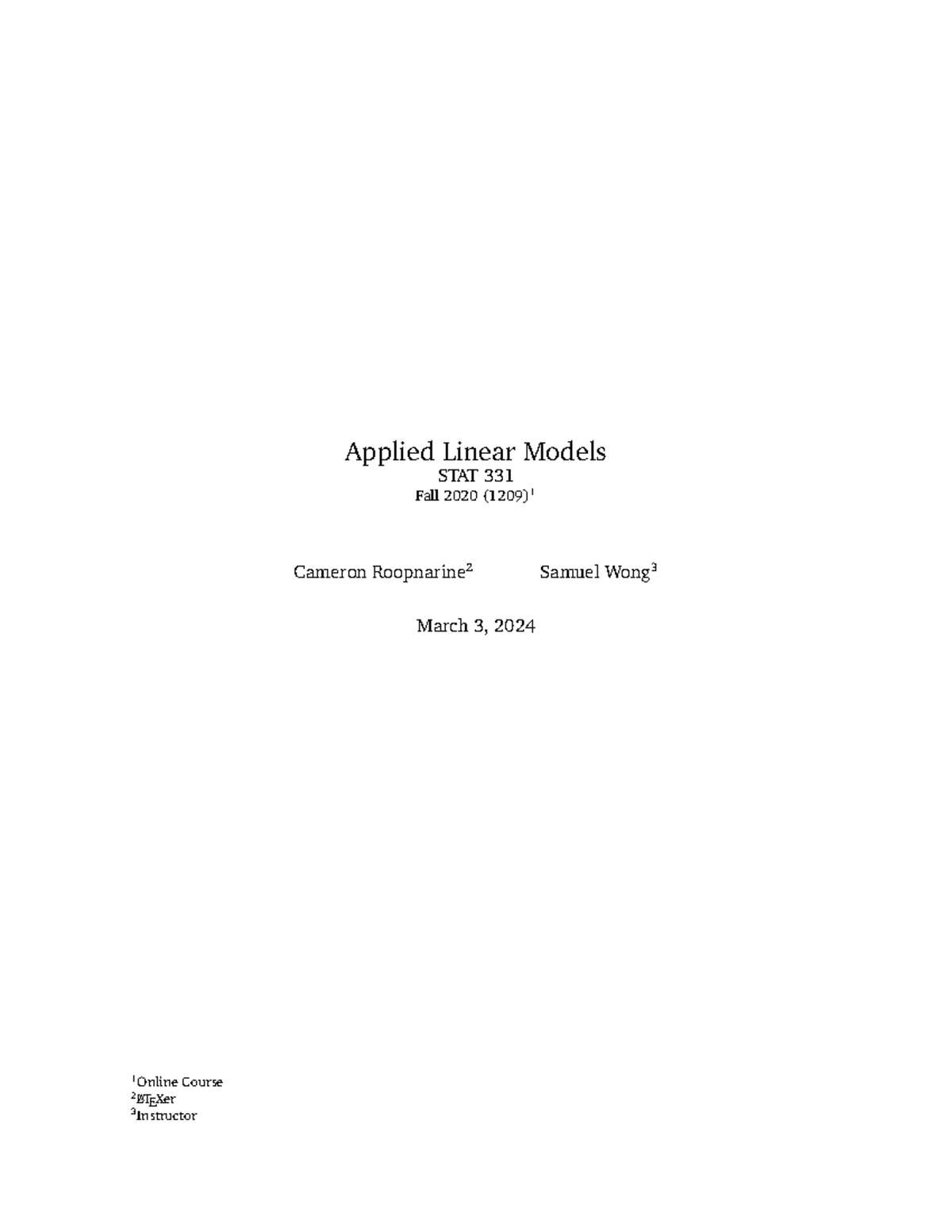 Applied Linear Models Lecture Notes STAT 331 Fall 2020 - Studocu