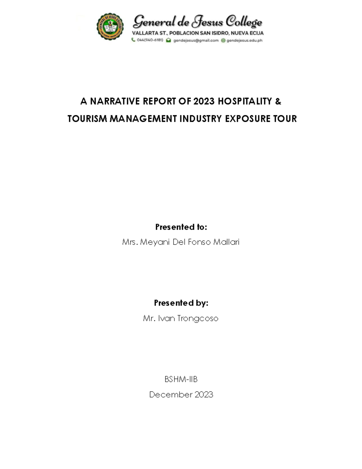 Narrative Report: 2023 BSHM-IIB Hospitality & Tourism Exposure Tour ...