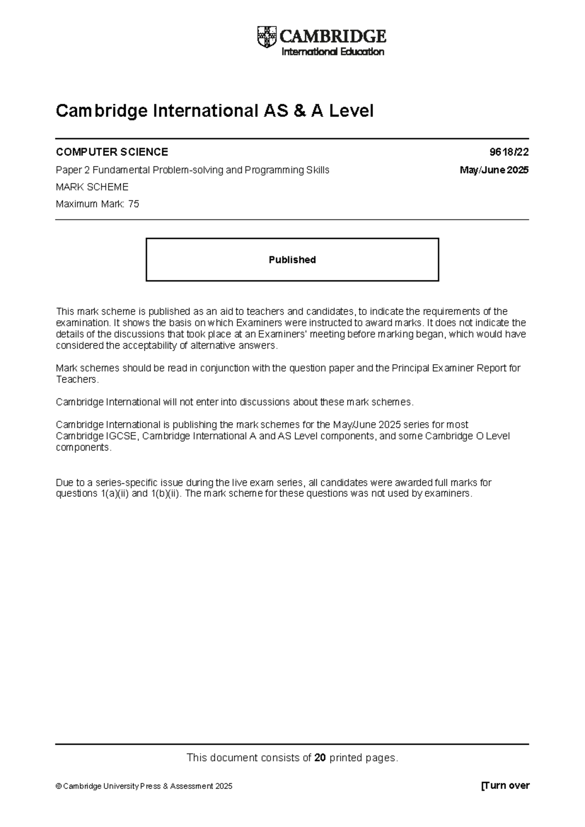 Cambridge International AS A Level Computer Science 9618 Paper 2 Mark ...