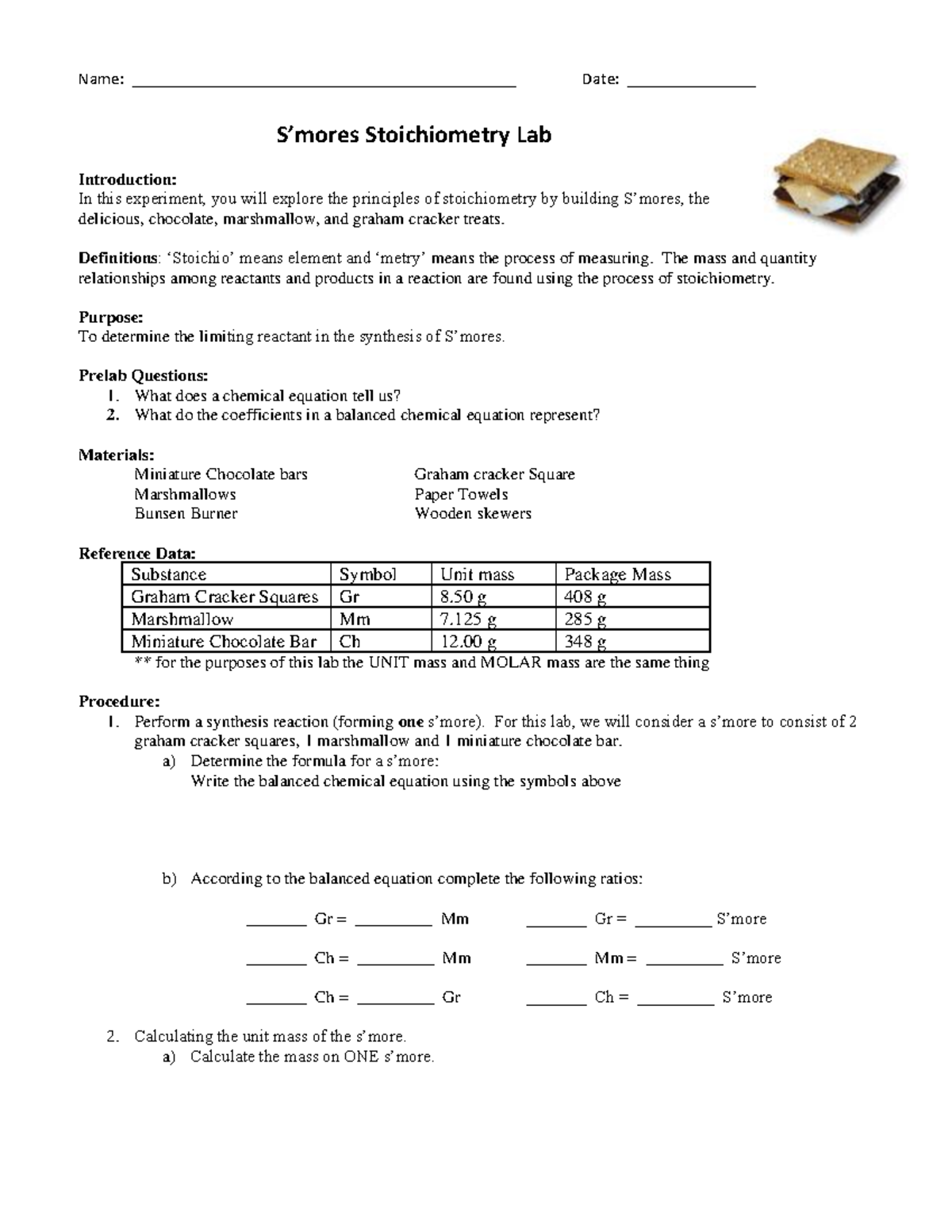 S'mores Stoichiometry Lab (Chem 101) - Exploring Reactants & Products ...