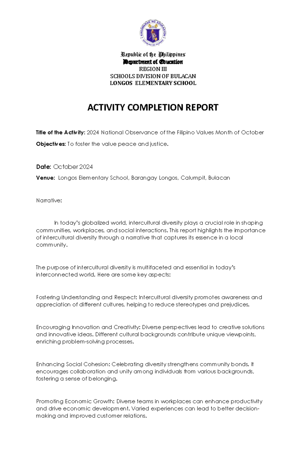 AVAM 2024 Narrative Report: Intercultural Diversity in Education - Studocu