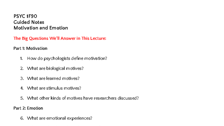 PSYC 1F90 Lecture Notes: Motivation & Emotion Overview (Jan 2025) - Studocu