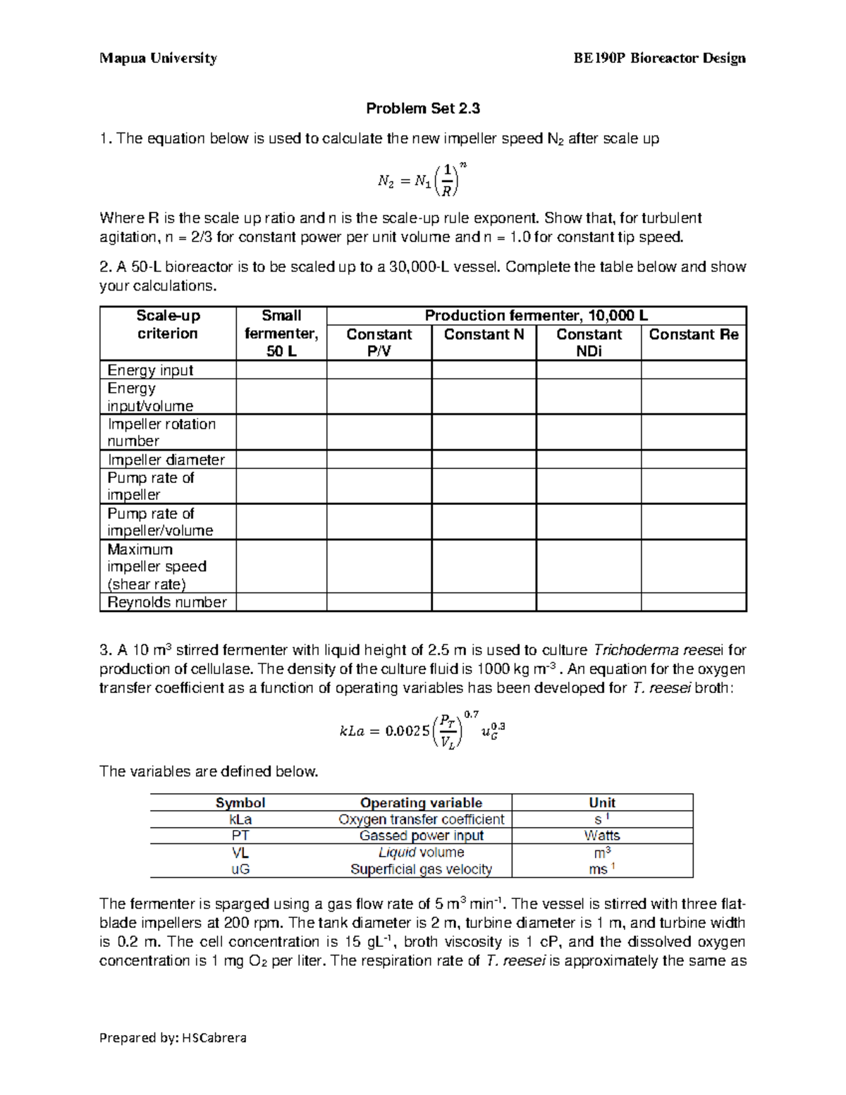Problem Set 2 - Bioreactor design - Mapua University BE190P Bioreactor ...