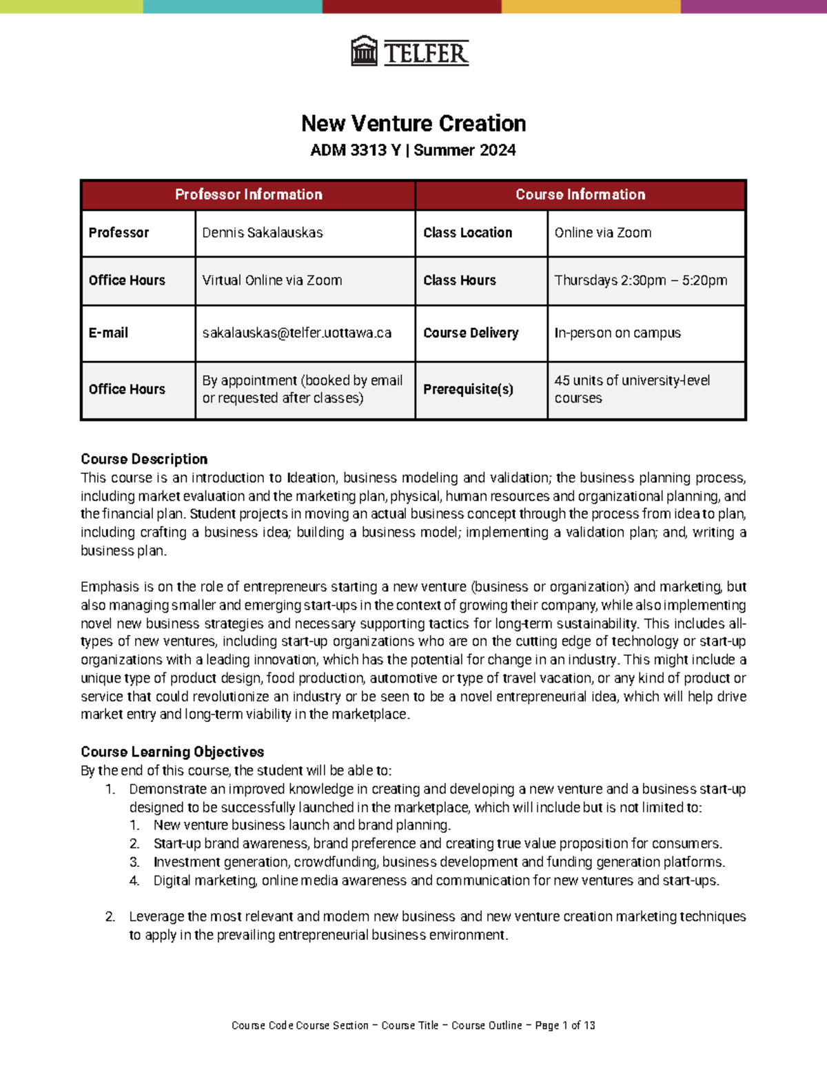 ADM 3313 New Venture Creation - Syllabus & Course Outline Summer 2024 ...