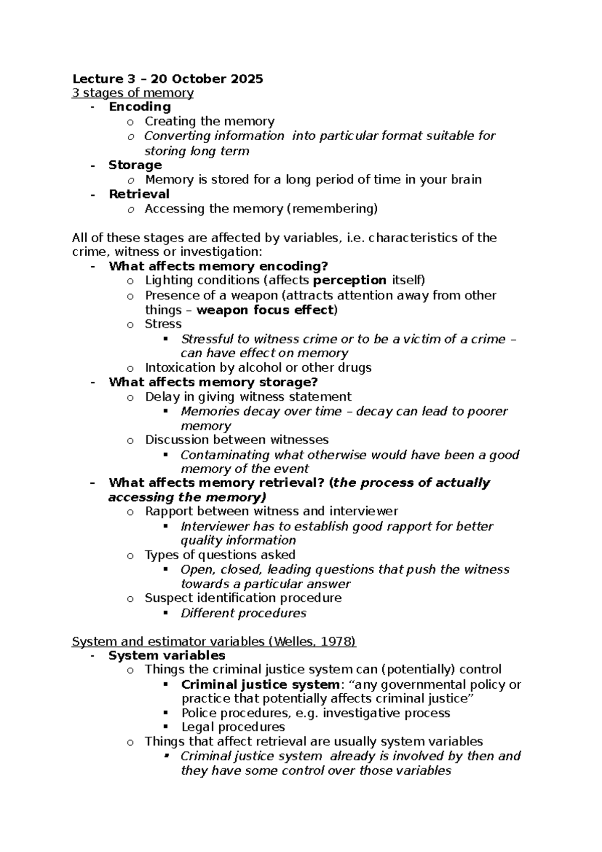 Lecture 3: Memory Stages and Influencing Variables in Eyewitness ...