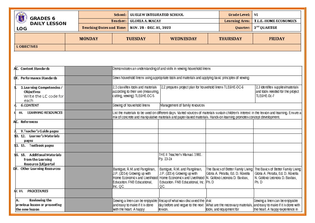 DLL TLE 6 Daily Lesson Log for Home Economics (Nov 28 - Dec 1, 2023 ...