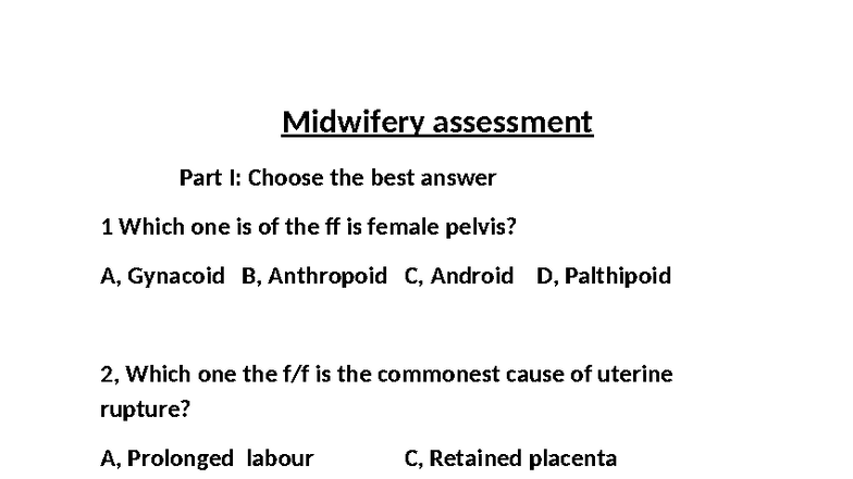 COC EXAM - Midwifery Assessment Part I: Multiple Choice Questions - Studocu