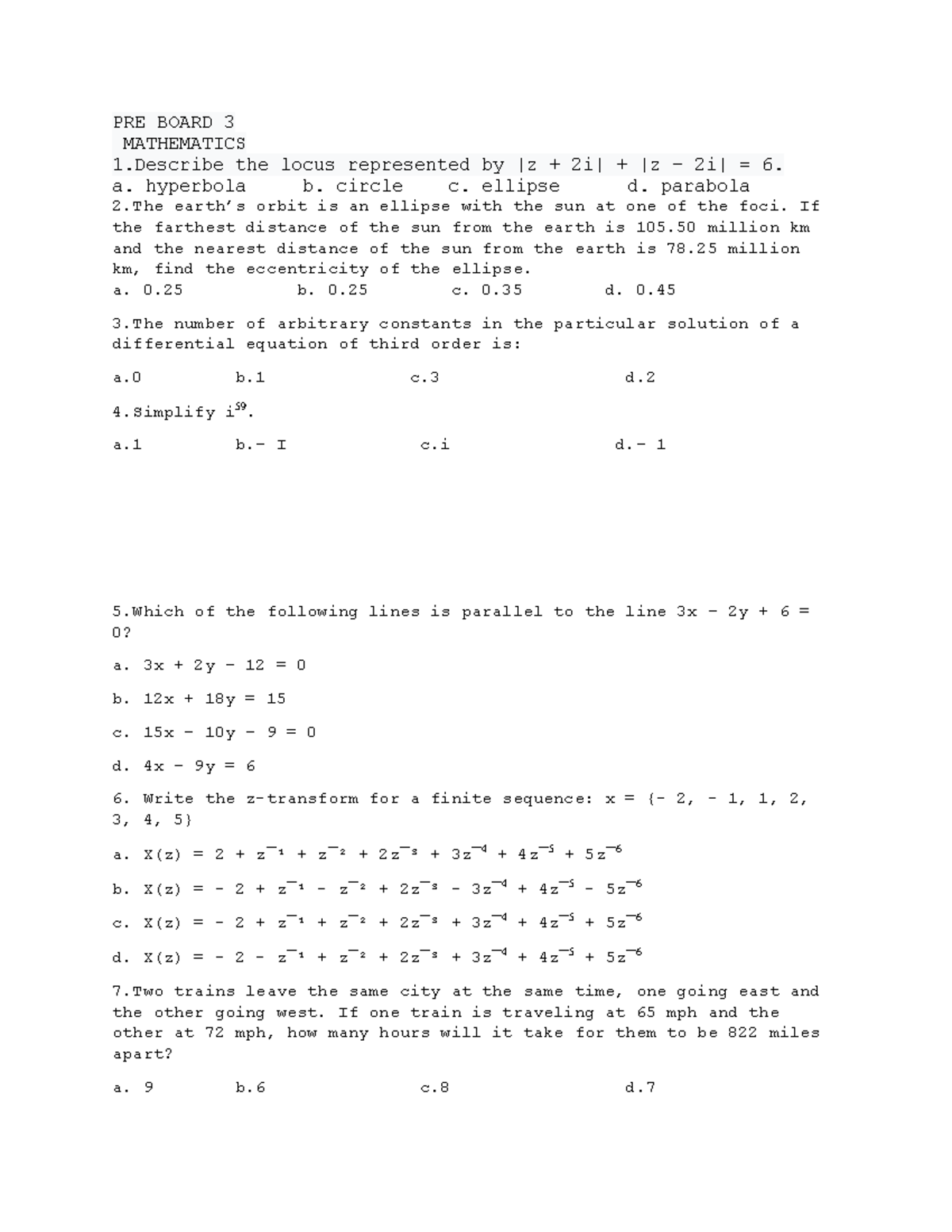 MATH 3 Pre Board 3: Mathematics Practice Questions and Solutions - Studocu