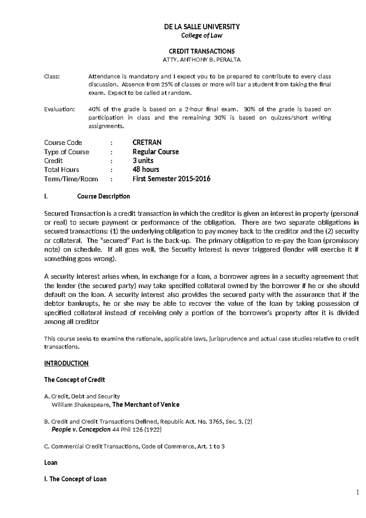Credit Transactions (CRETRAN) - Class Overview and Key Concepts - Studocu