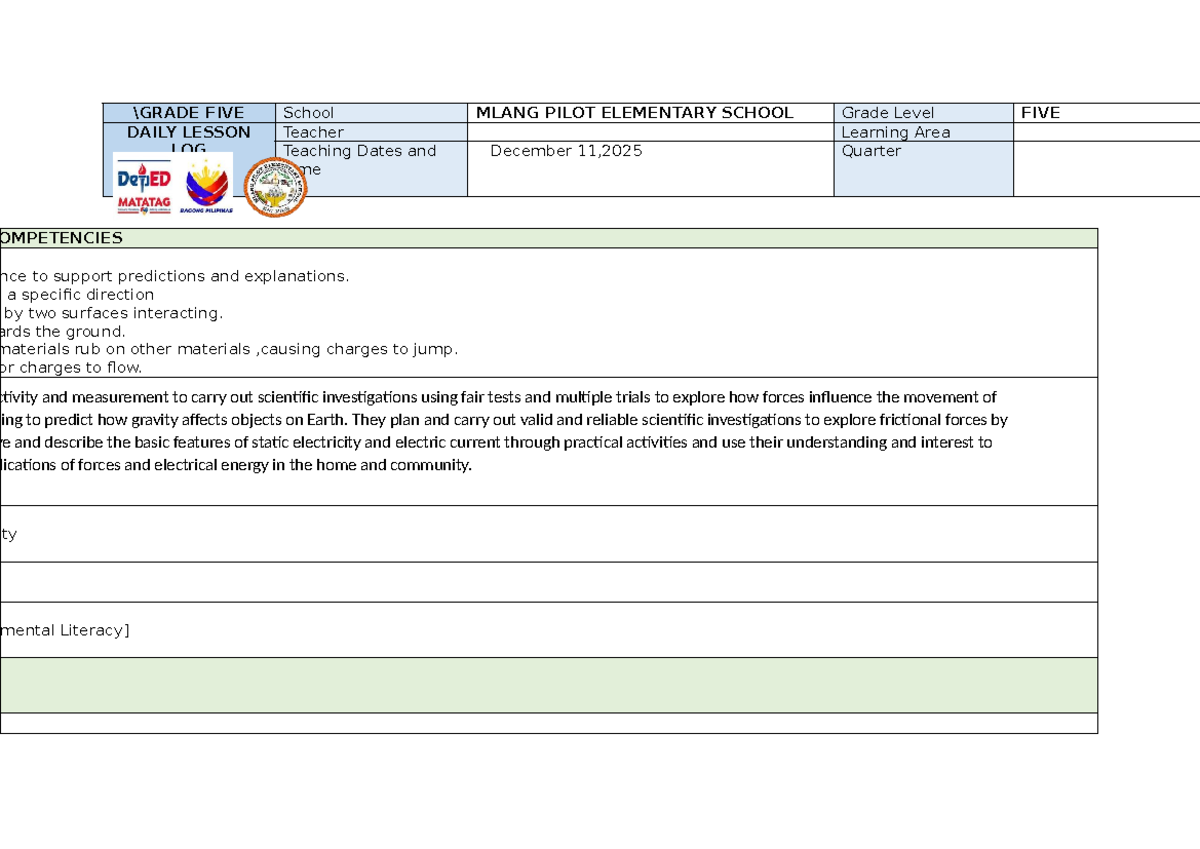 Science G5 Lesson Log: Week 6 Activities & Competencies - Studocu