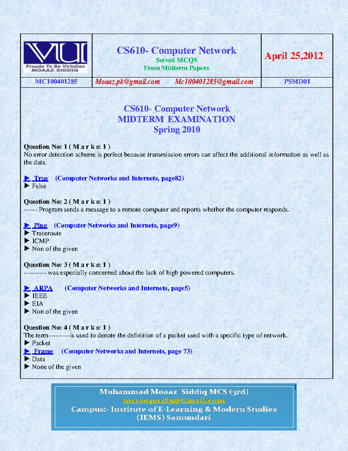 Cs610 Midterm Solved Mcqs By Moaaz Cs610 Computer Network Solved