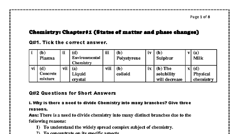 9th Chemistry-CH#1: States of Matter & Phase Changes Model Paper - Studocu