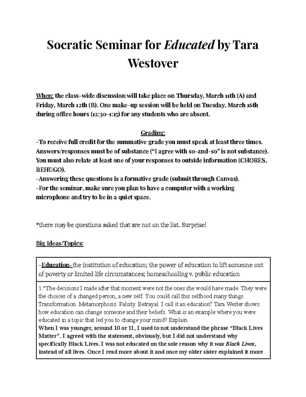 Educated Socratic Seminar Questions (ENG 101) for Tara Westover's ...