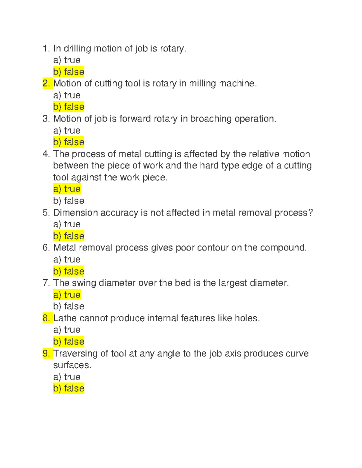 TRUE & FALSE Questions in Production Technology (PT101) - Studocu