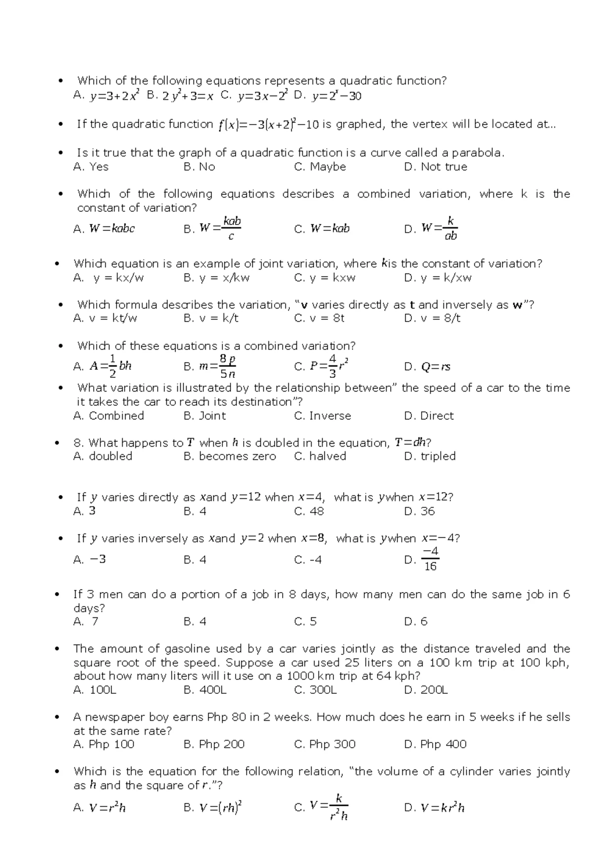 QUIZ - Quadratic Functions and Variations in Mathematics - Studocu