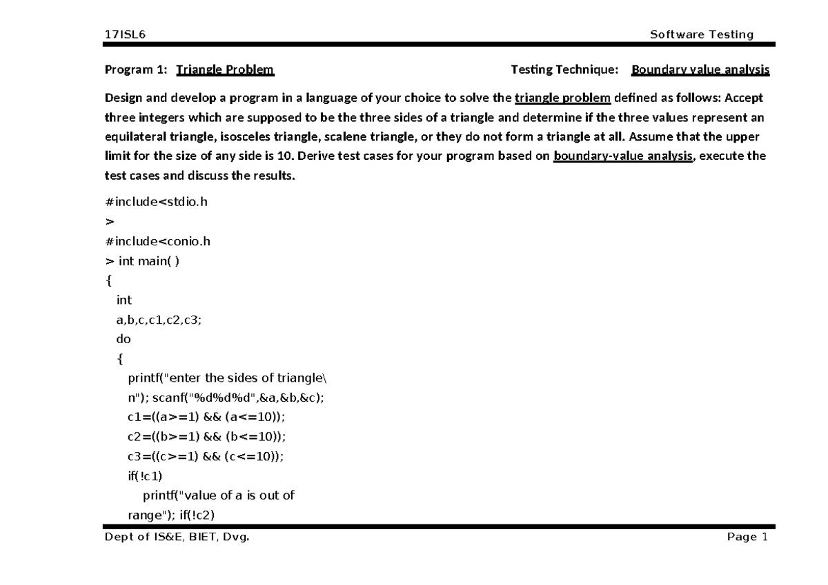17ISL6 7 Software Testing Lab: Triangle Problem BVA Test Cases - Studocu