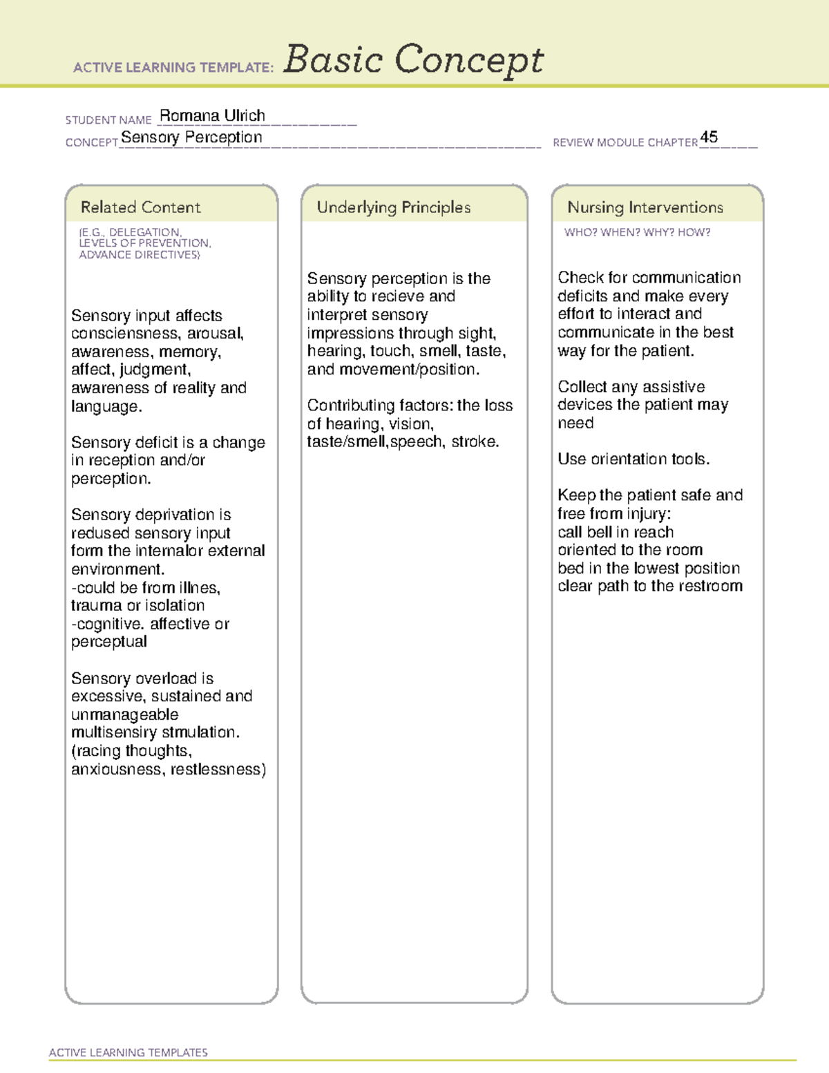 ACTIVE LEARNING TEMPLATE: Basic Concepts of Sensory Perception - Studocu