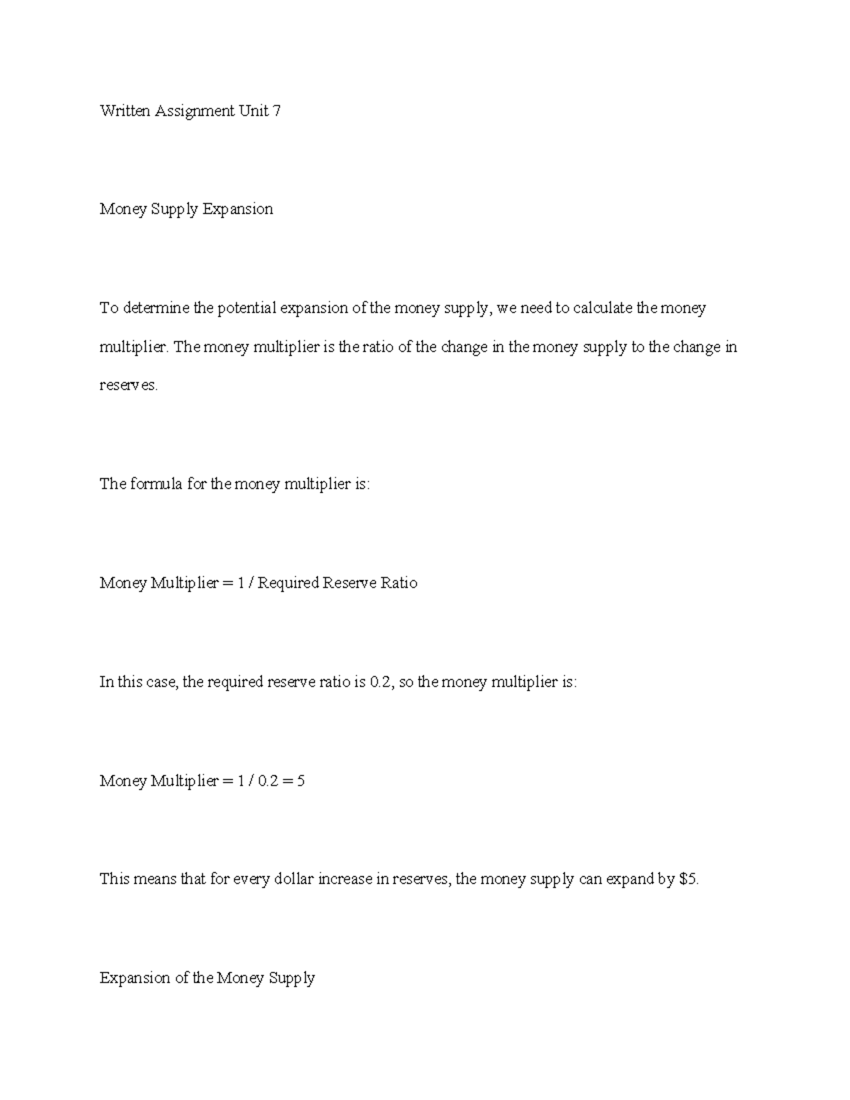 Unit 7: Money Supply Expansion and the Money Multiplier Analysis - Studocu