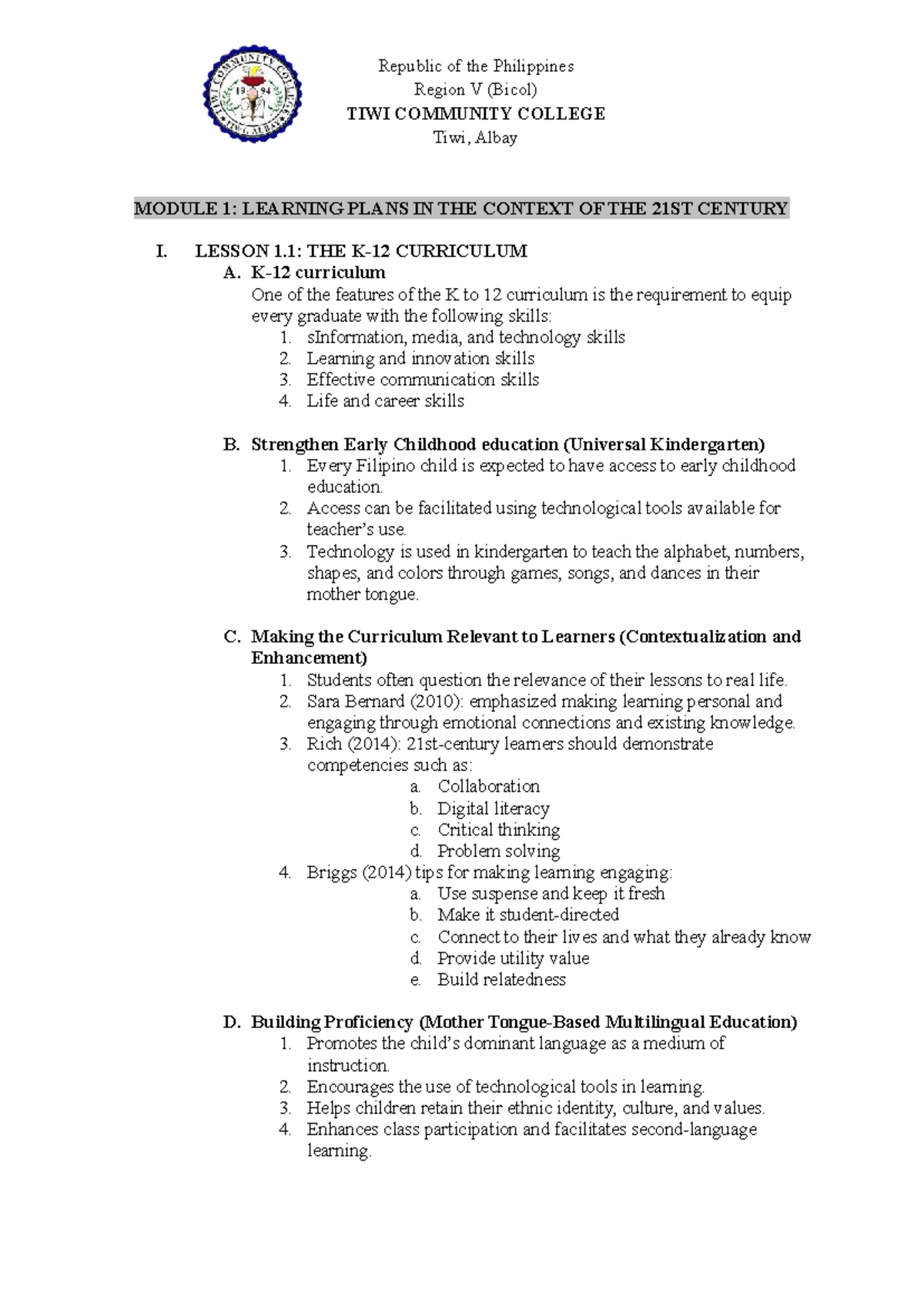 Module 1 & 2: Learning Plans & Active Learning Approaches in 21st Century - Studocu