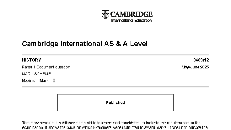 Cambridge International AS A Level HISTORY Paper 1 Mark Scheme 2025 ...