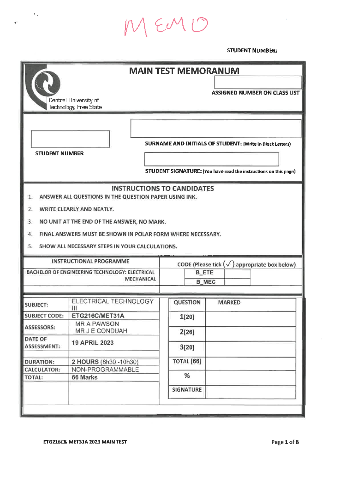 Main test memo for MET31A: Electrical engineering concepts and ...