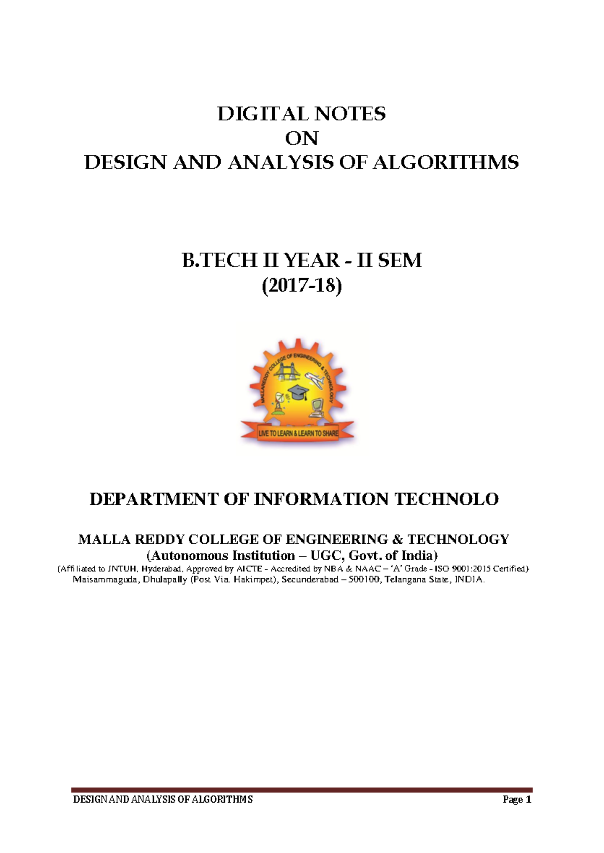 Design and Analysis Algorithms - DIGITAL NOTES ON DESIGN AND ANALYSIS ...