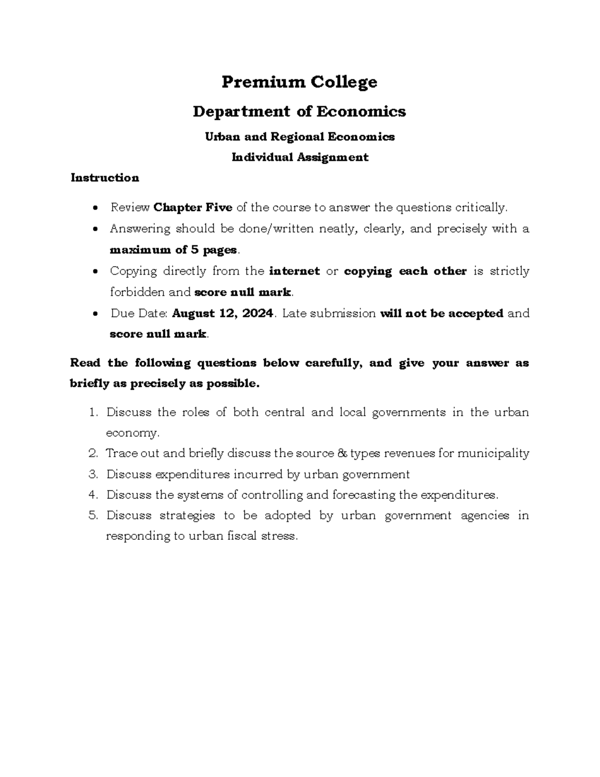 ECO 305 Individual Assignment: Urban Economics Analysis - Studocu